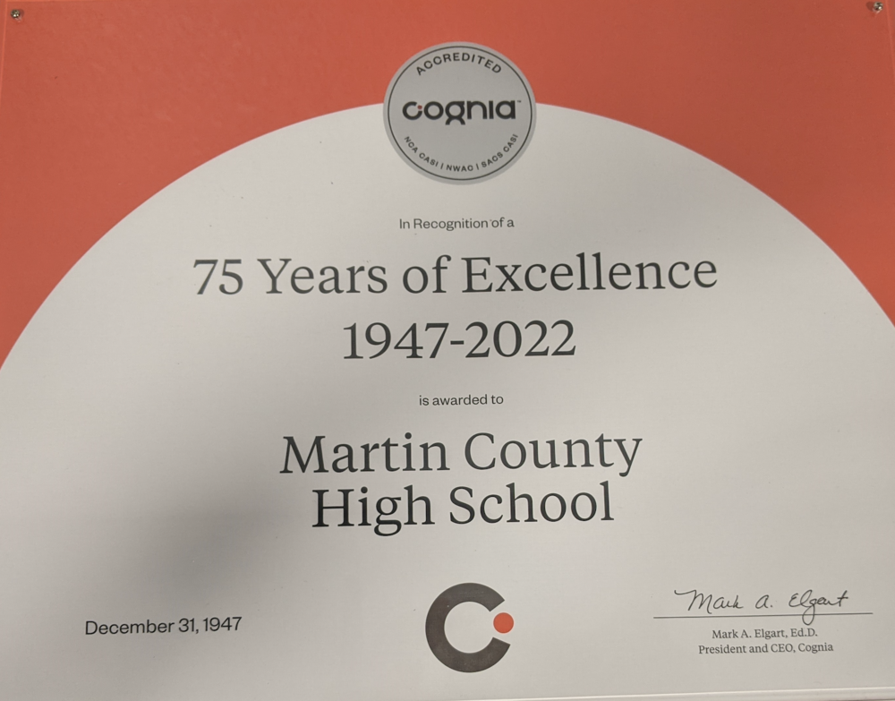 Martin County High Earns 75 Years of Excellence Award | Martin County ...